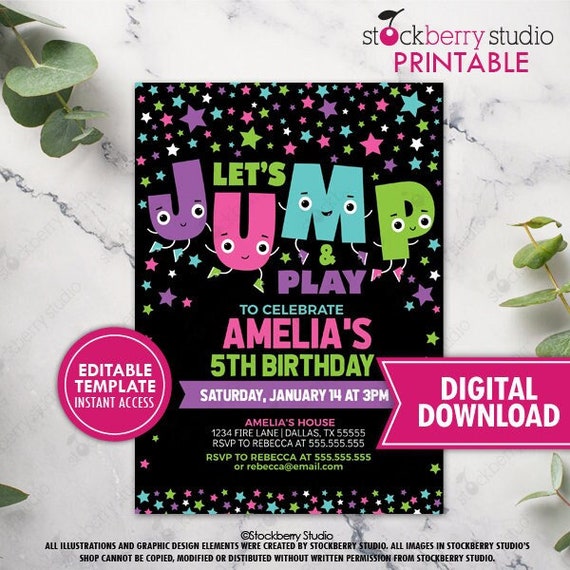 Jump Invitation Printable Trampoline Party Bounce House Party Girl Jump ...