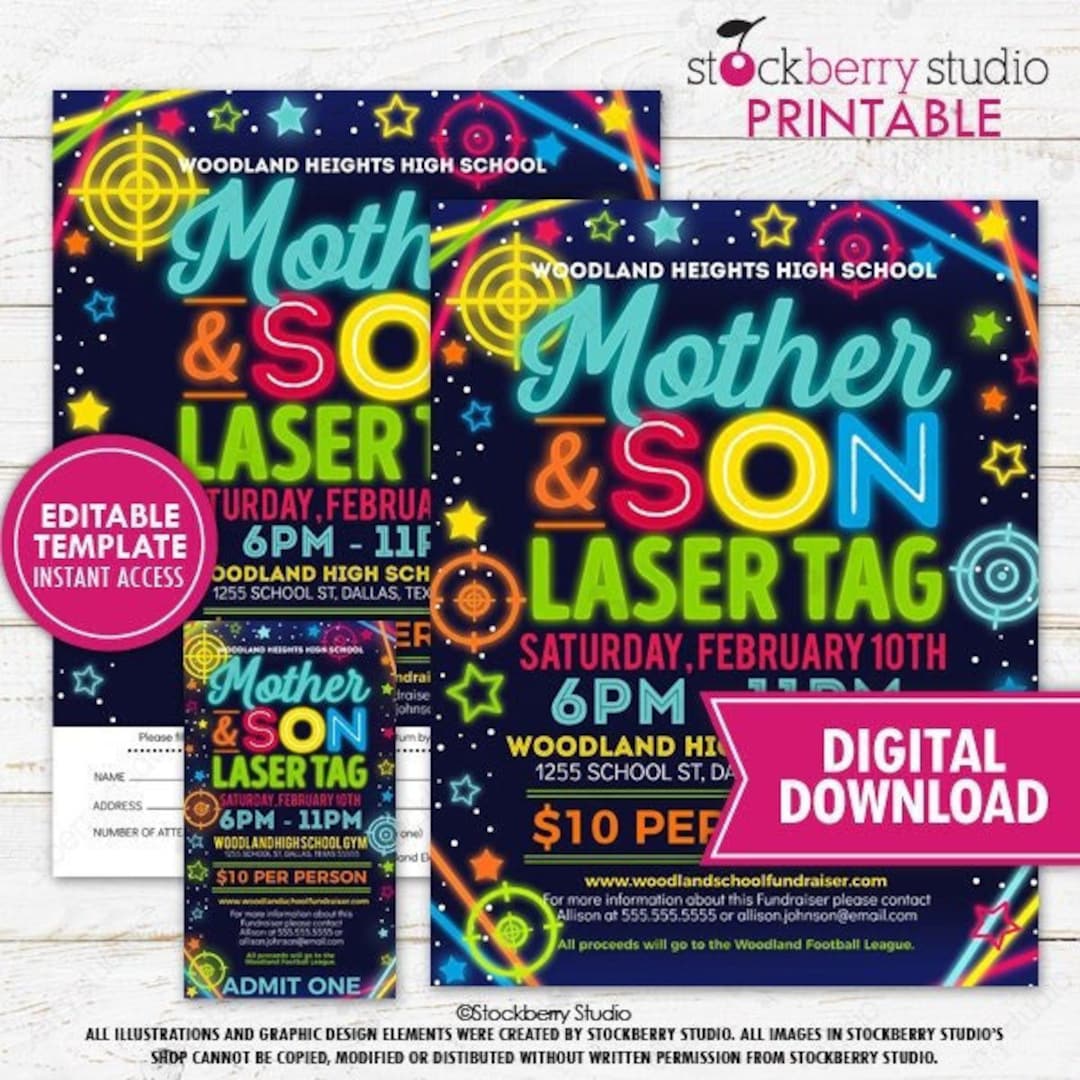 Mother Son Laser Tag Flyer Ticket Glow Dance Family Activity Event Date ...