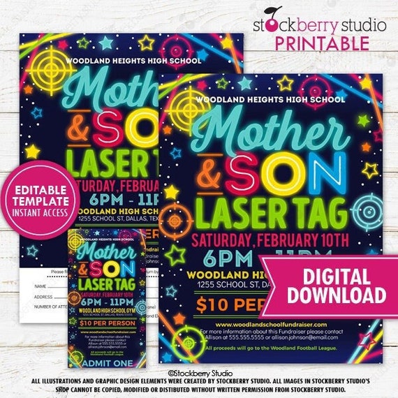 Mother Son Laser Tag Flyer Ticket Glow Dance Family Activity Event Date ...