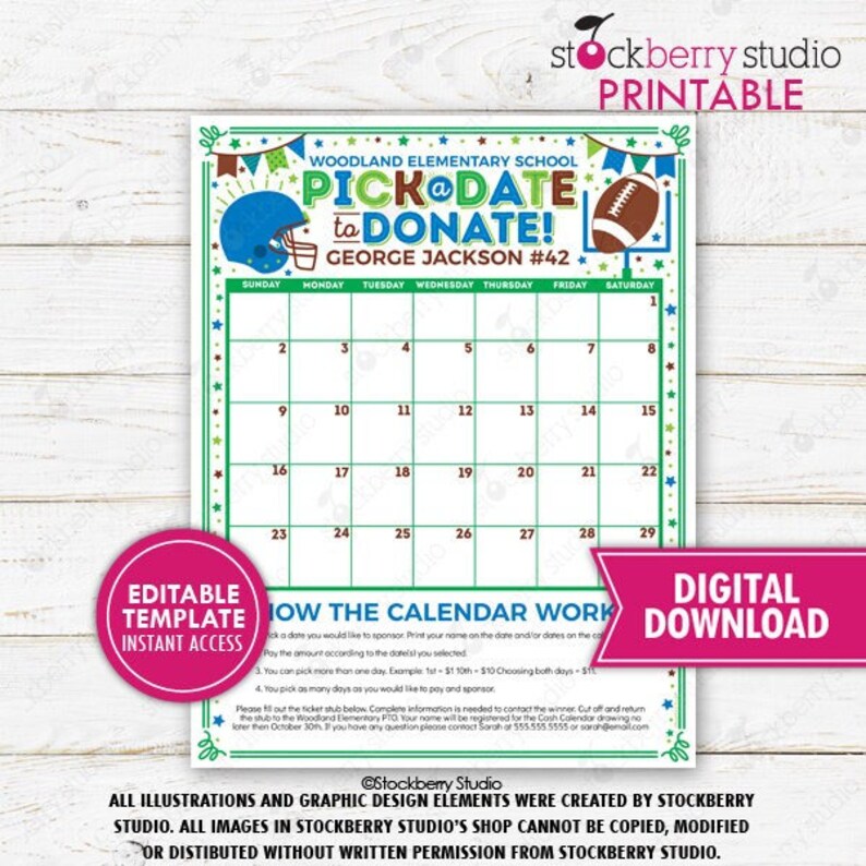 Football Pick a Date to Donate Calendar Flyer Printable - Etsy