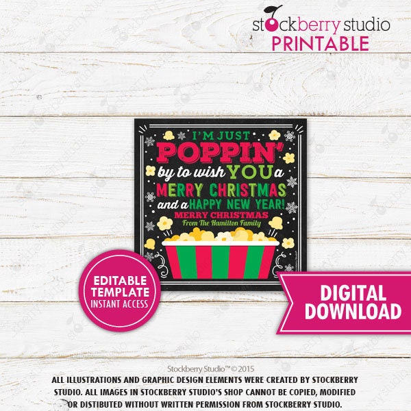 Christmas Popcorn Gift Tag Printable Poppin By to Wish You | Etsy