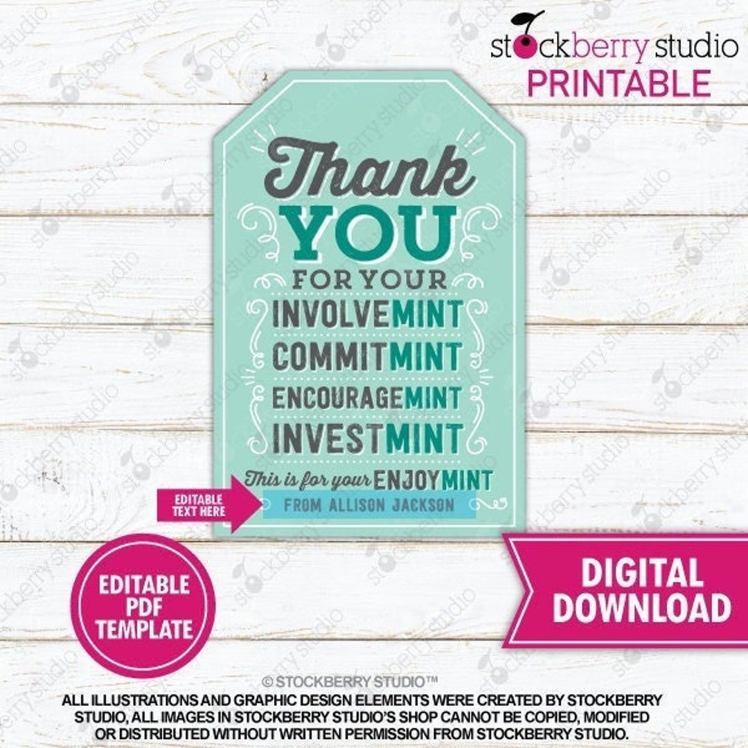 Thank You Tags Printable Mint Gift Tag Volunteer Gift Tag Mint Favor ...