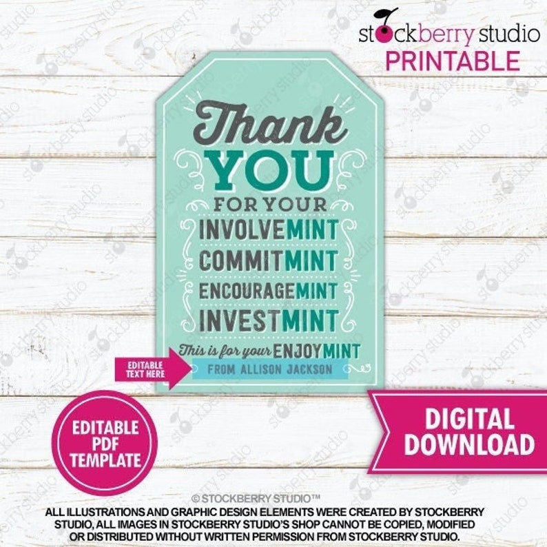 Thank You Tags Printable Mint Gift Tag Volunteer Gift Tag Mint - Etsy