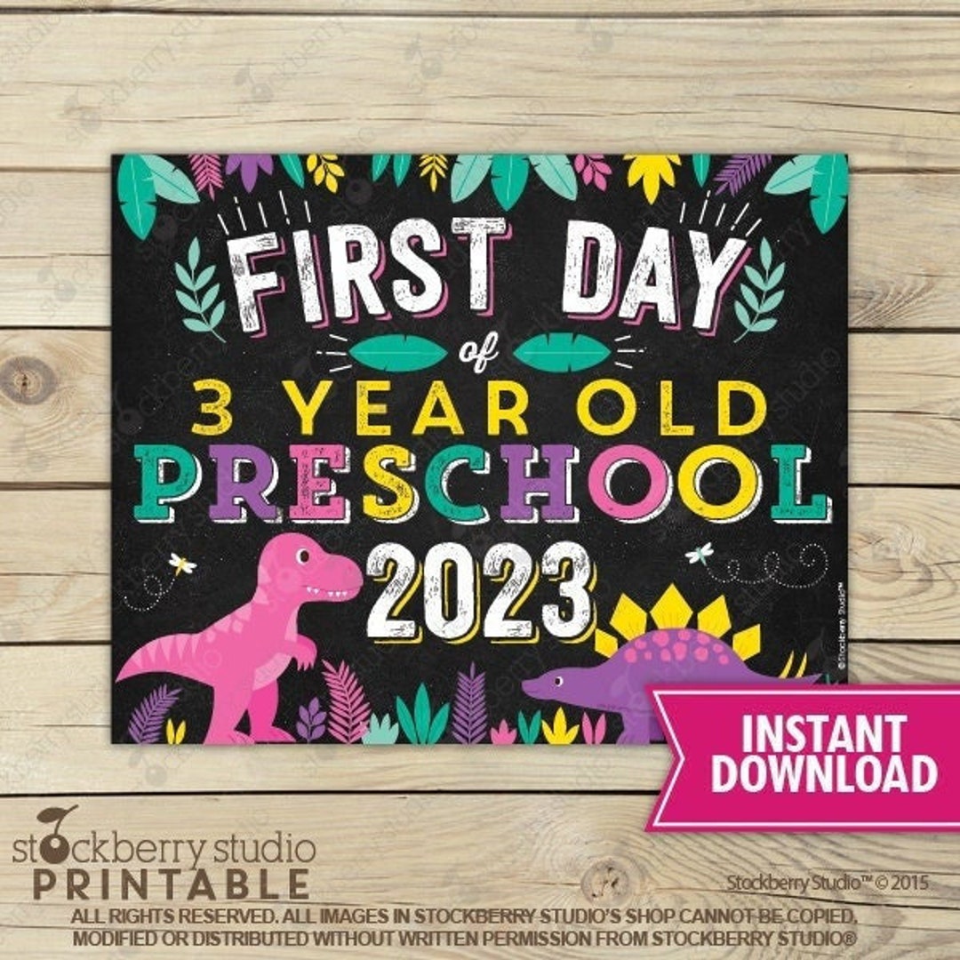 Girl Dinosaur First Day of 3 Year Old Preschool Sign Instant - Etsy