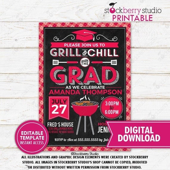 BBQ Graduation Invitation Printable Grill & Chill Grad Party Barbecue ...