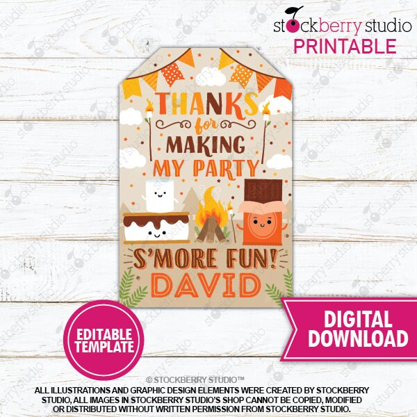 S'mores Birthday Gift Tag Printable S'more Thank You Bonfire Tag ...