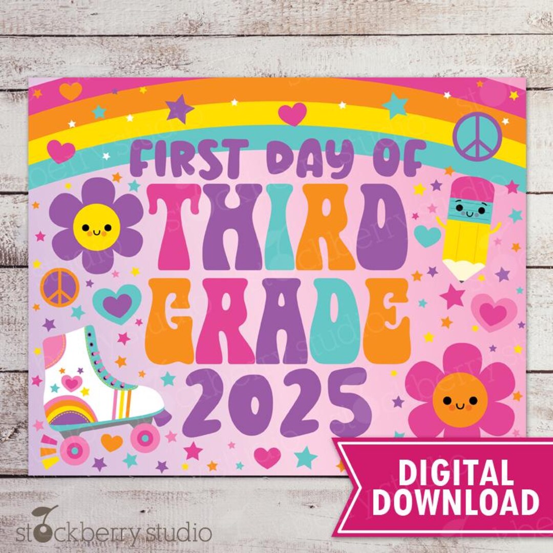 Groovy First Day of 3rd Grade Sign Rainbow Boho Roller Skate Girl 1st ...