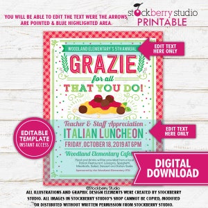 Teacher Staff Appreciation Week Italian Luncheon Invitation Printable ...