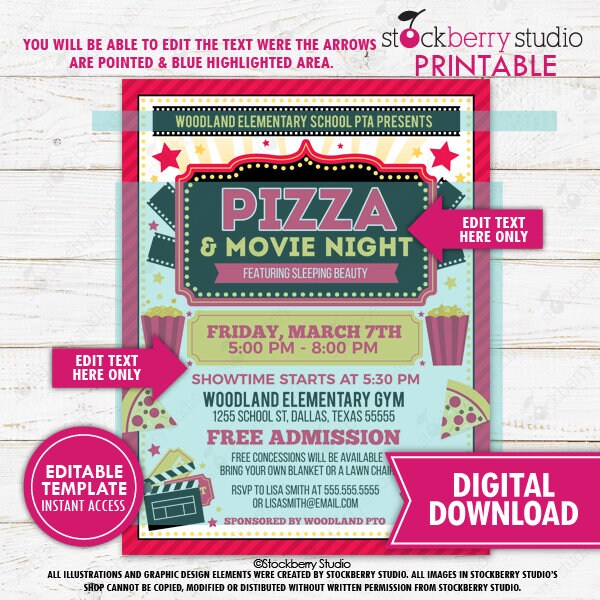 Pizza and Movie Night Flyer Printable Church School Fundraiser Event ...