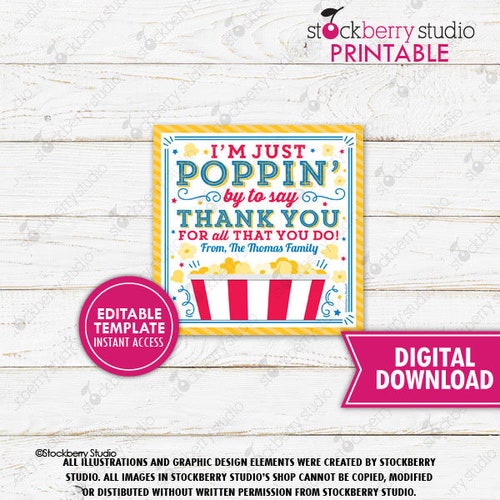 EDITABLE Popcorn Thank You Tags Teacher Appreciation Treat - Etsy
