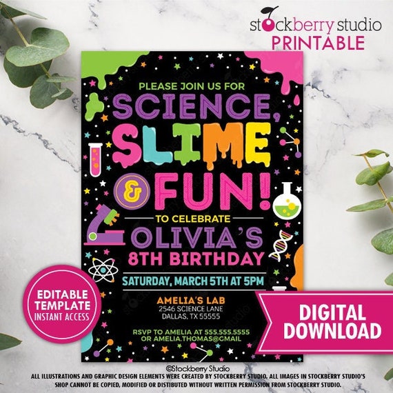 Science Birthday Invitation Printable Girl Science Slime Party ...