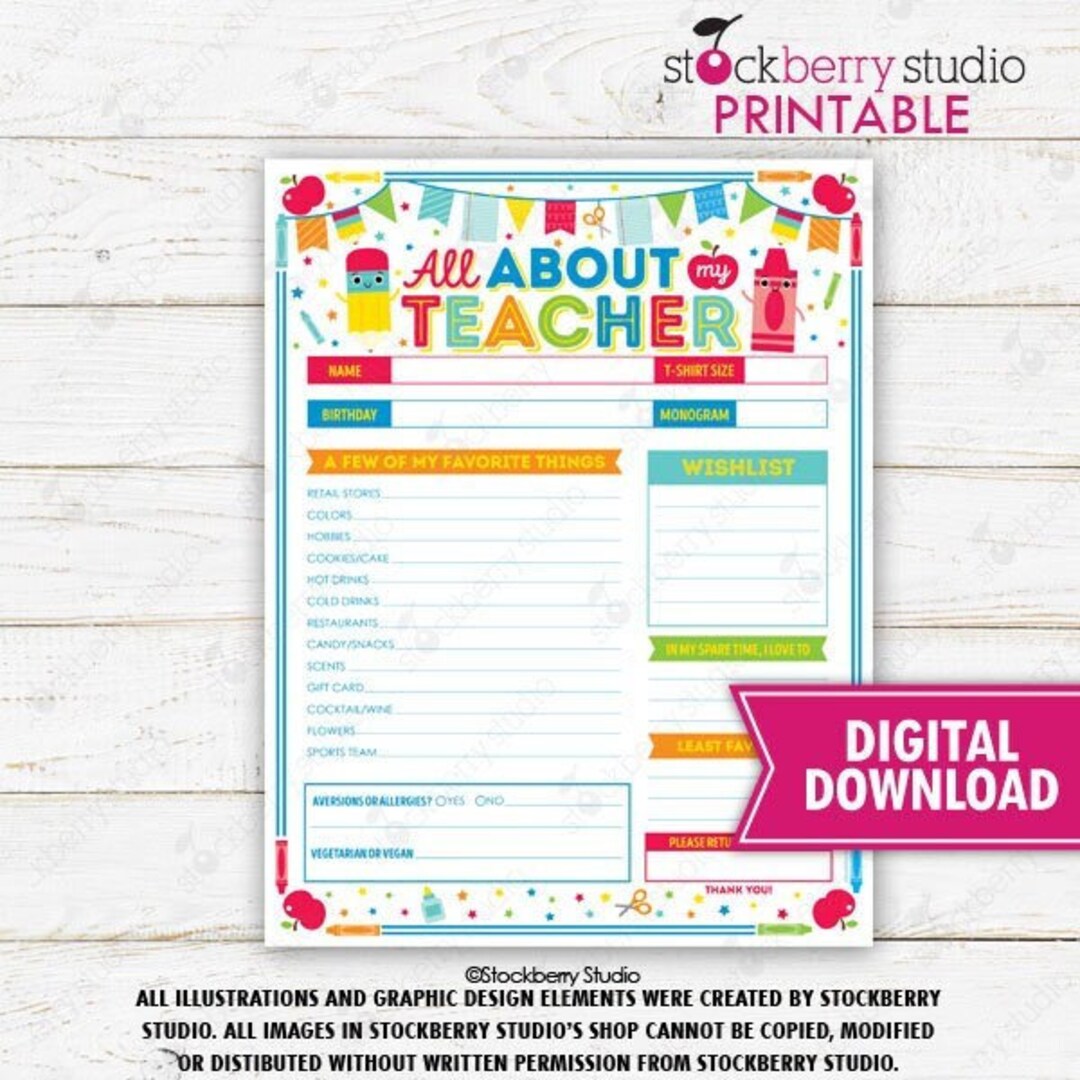 Teacher Survey Favorites List Questionnaire All About the Teacher ...