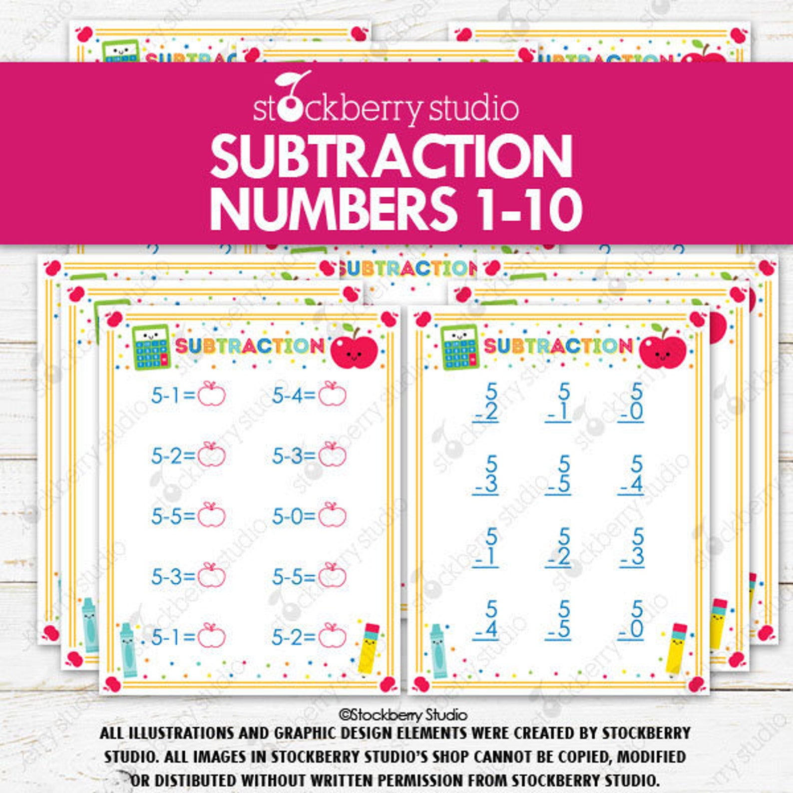 Subtraction Worksheets Printable Numbers 1-10 Kindergarten 1st | Etsy