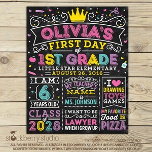 Girl 1st Day of School Sign - Last Day of School Chalkboard First Day ...