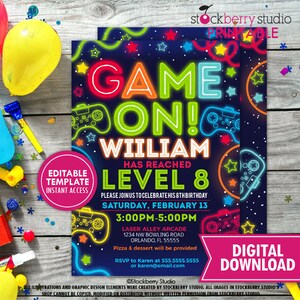Video Game Birthday Invitation Printable Neon Glow Boy Gamer Party ...