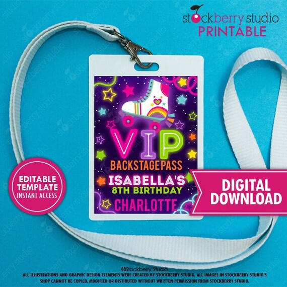 Roller Skate Birthday VIP Backstage Pass Printable Girls Roller Skating ...