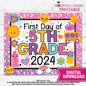 First Day of 5th Grade Sign Girl First Day of Fifth Grade Printable 1st ...