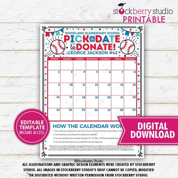 Baseball Pick a Date to Donate Calendar Flyer Printable Baseball Player ...
