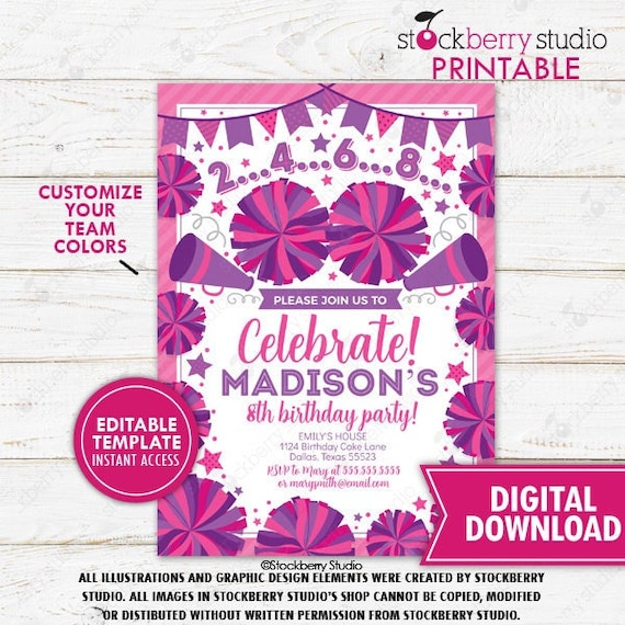 Girl Cheerleader Invitation Printable Cheer Birthday Invite Team ...