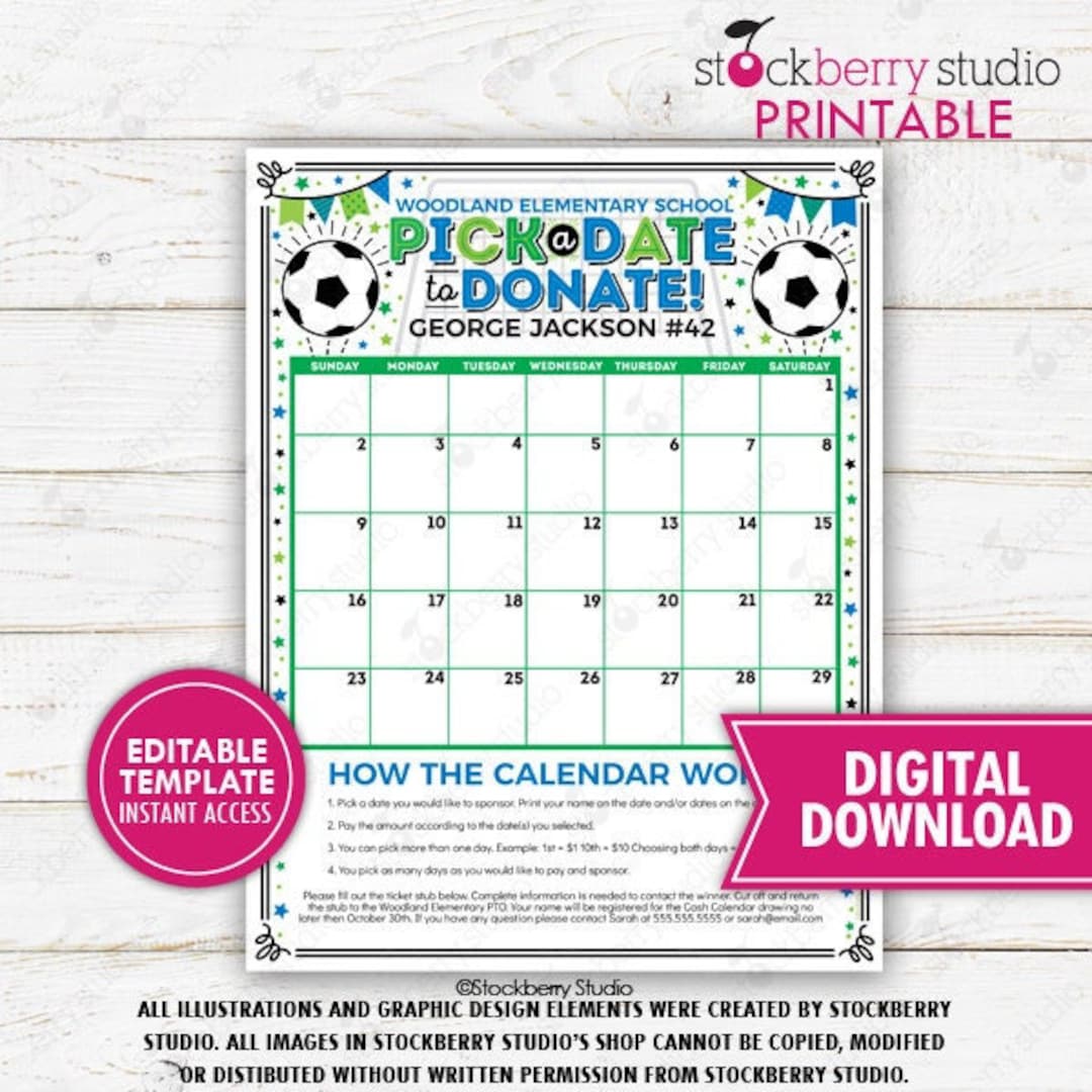 Soccer Pick a Date to Donate Calendar Flyer Printable Soccer Fundraiser ...