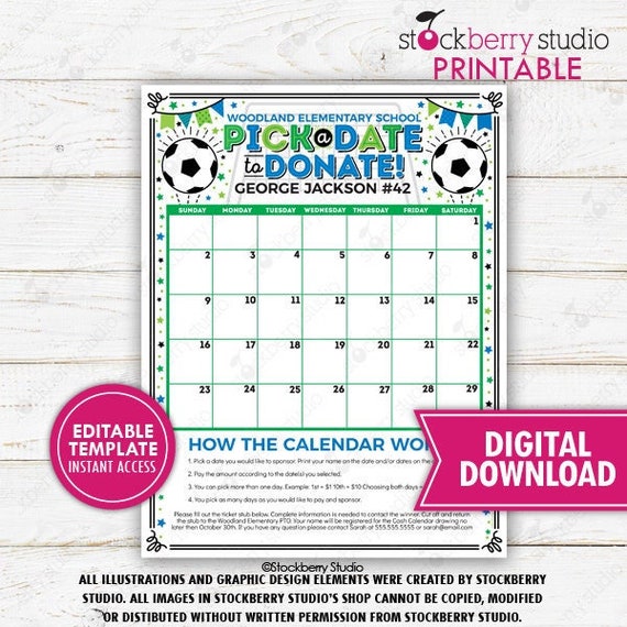 Soccer Pick a Date to Donate Calendar Flyer Printable Soccer Fundraiser ...
