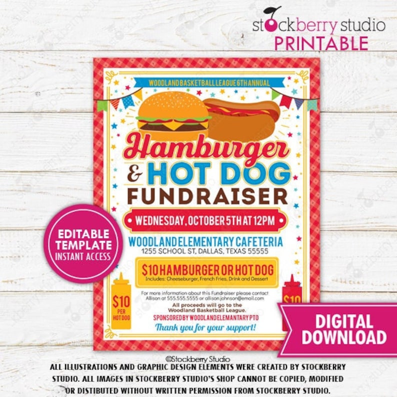 Hamburger Hot Dog Fundraiser Flyer Printable Template BBQ - Etsy