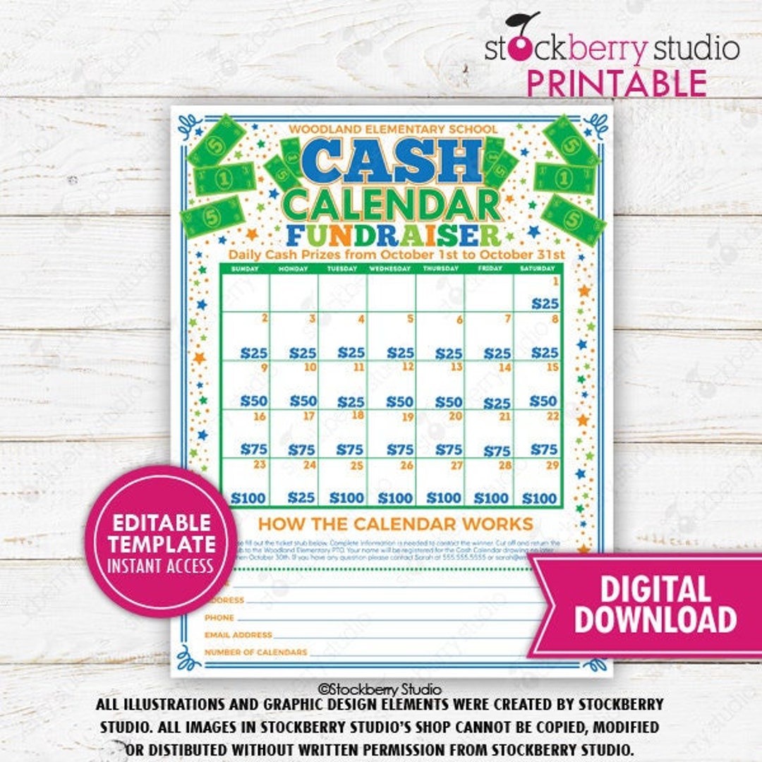 Cash Calendar Fundraiser Flyer Printable Handout Sheet Take Home School ...