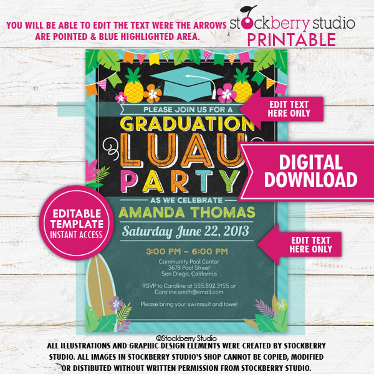 Luau Graduation Invitation Printable Beach Theme Grad Tropical - Etsy