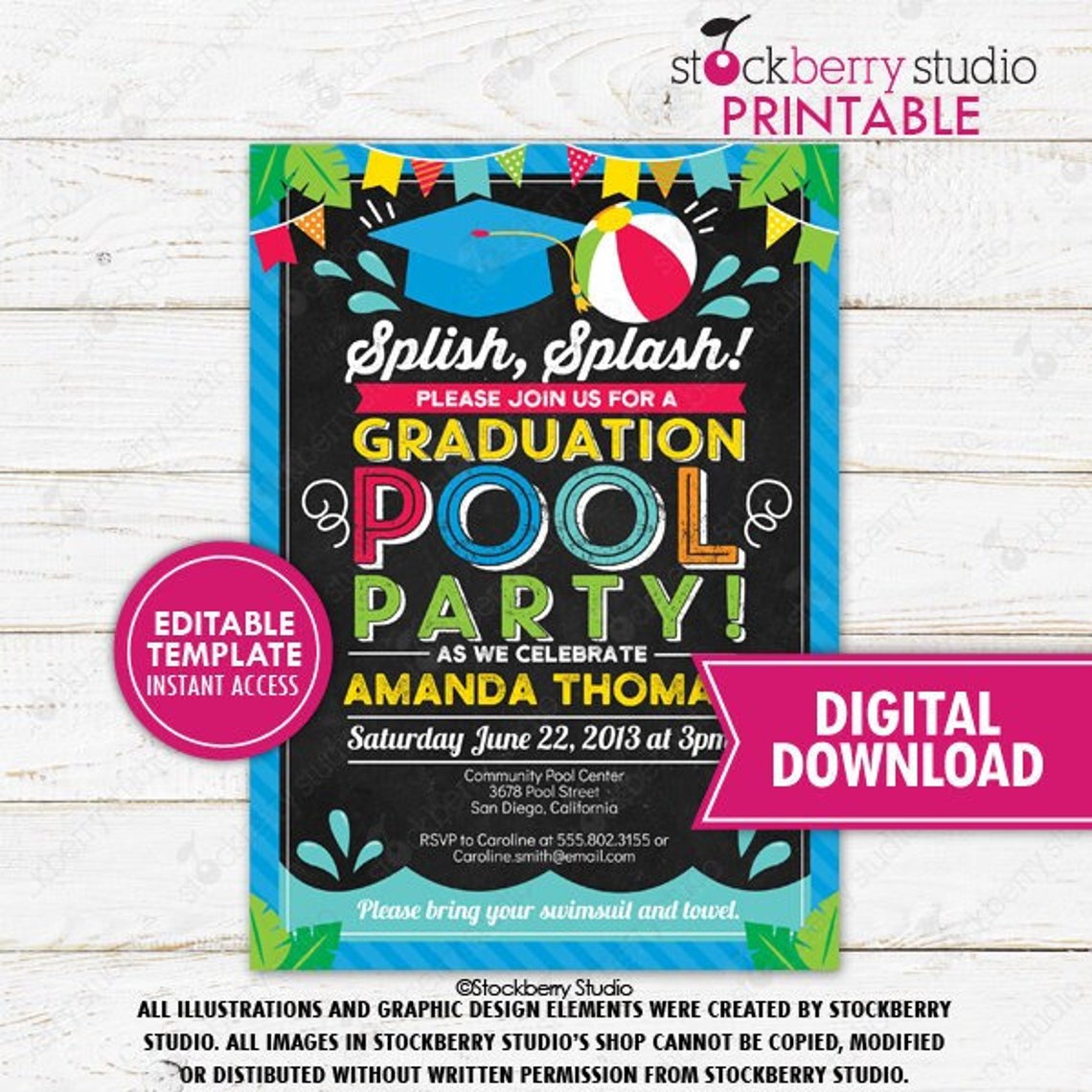 Pool Party Graduation Invitation Printable College Senior High | Etsy