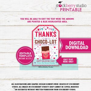 Valentines Day Chocolate Gift Tag Valentine Thanks a Choco-lot Label ...