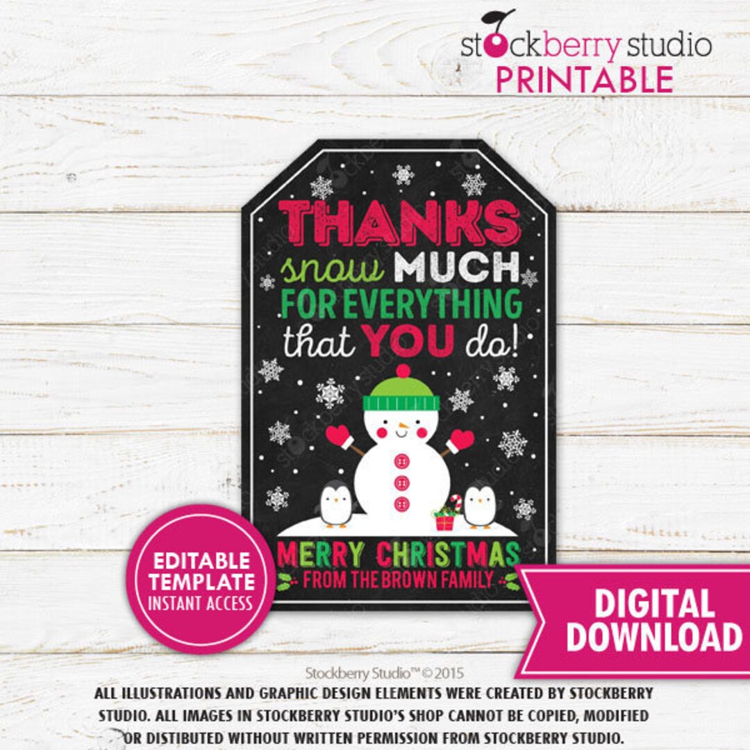 Thank You Snow Much Gift Tags Snowman Christmas Label Printable ...
