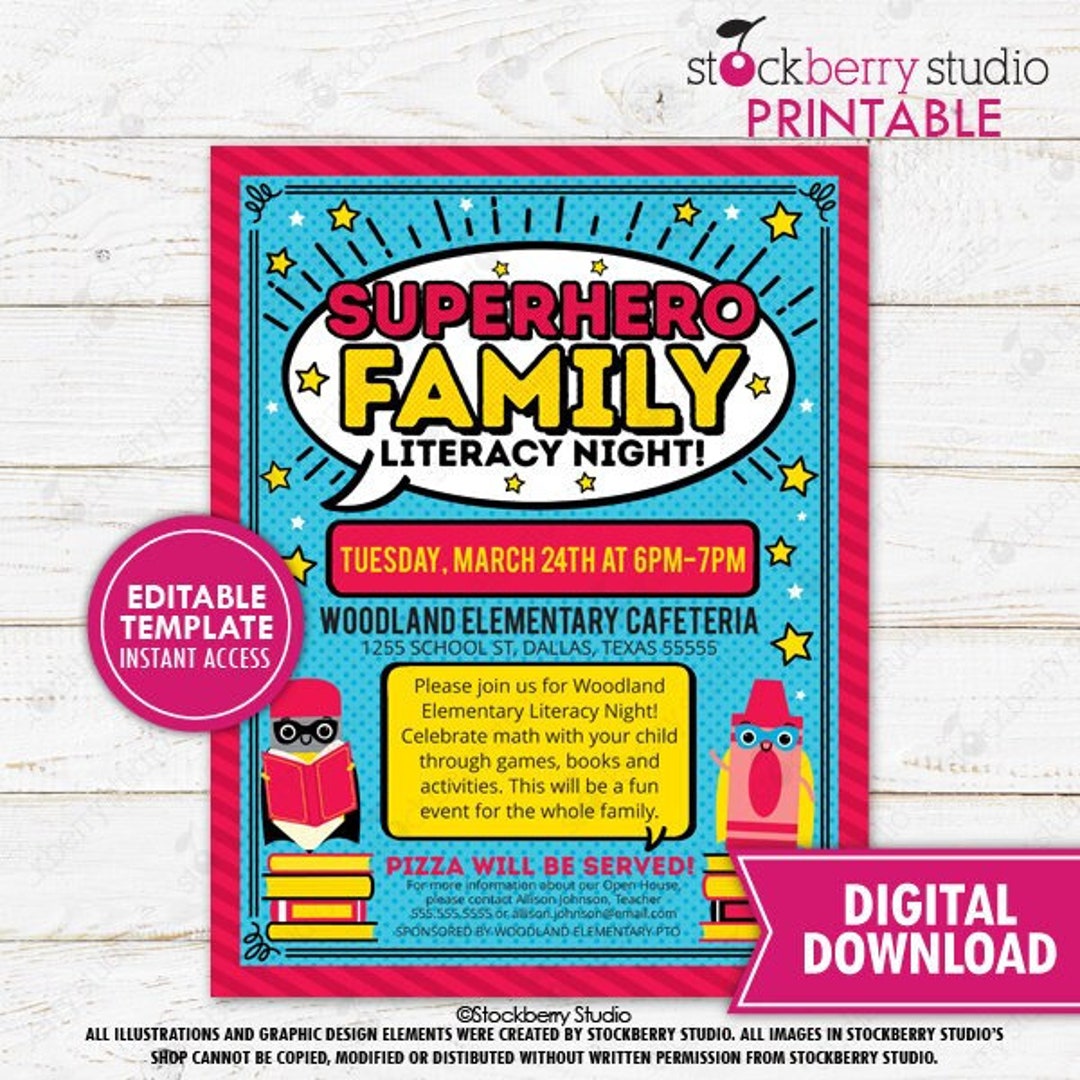 Superhero Family Literacy Night Flyer Printable Reading Book Sale PTO ...