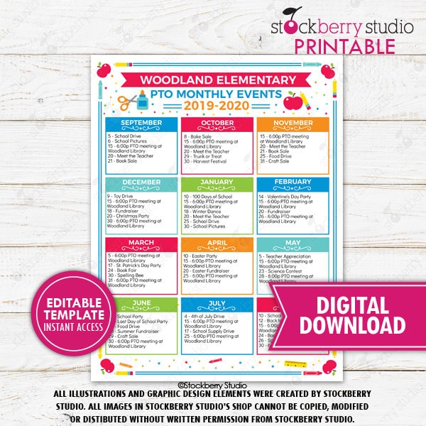 PTA PTO Monthly Calendar Printable School Year Fundraiser Event Handout ...