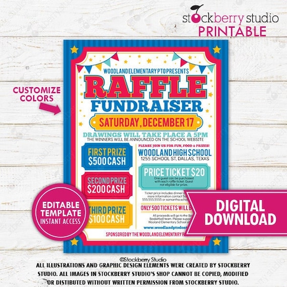 Raffle Fundraiser Flyer Printable Charity Ticket Sales School PTO PTA ...