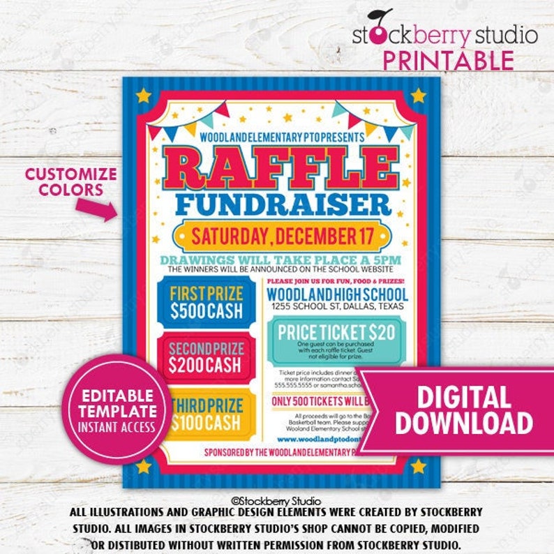 Raffle Fundraiser Flyer Printable Charity Ticket Sales School PTO PTA ...