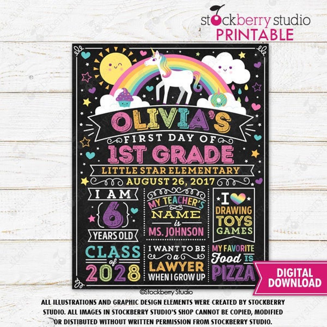 First Day of School Sign Unicorn Back to School Sign Printable Rainbow ...