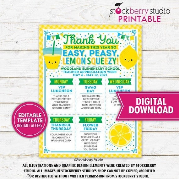 Easy Peasy Lemon Squeezy Teacher Appreciation Week Schedule Itinerary ...