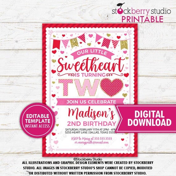 Valentine 2nd Birthday Invitation Printable Heart Birthday Invite ...
