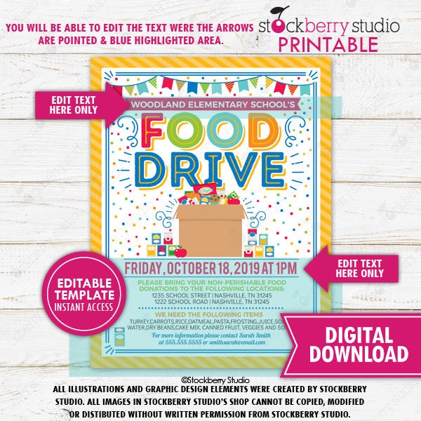 Food Drive Flyer Printable Donation Fundraiser PTO PTA School - Etsy