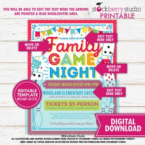 Family Game Night Flyer Printable Festival Fundraiser PTA PTO School ...