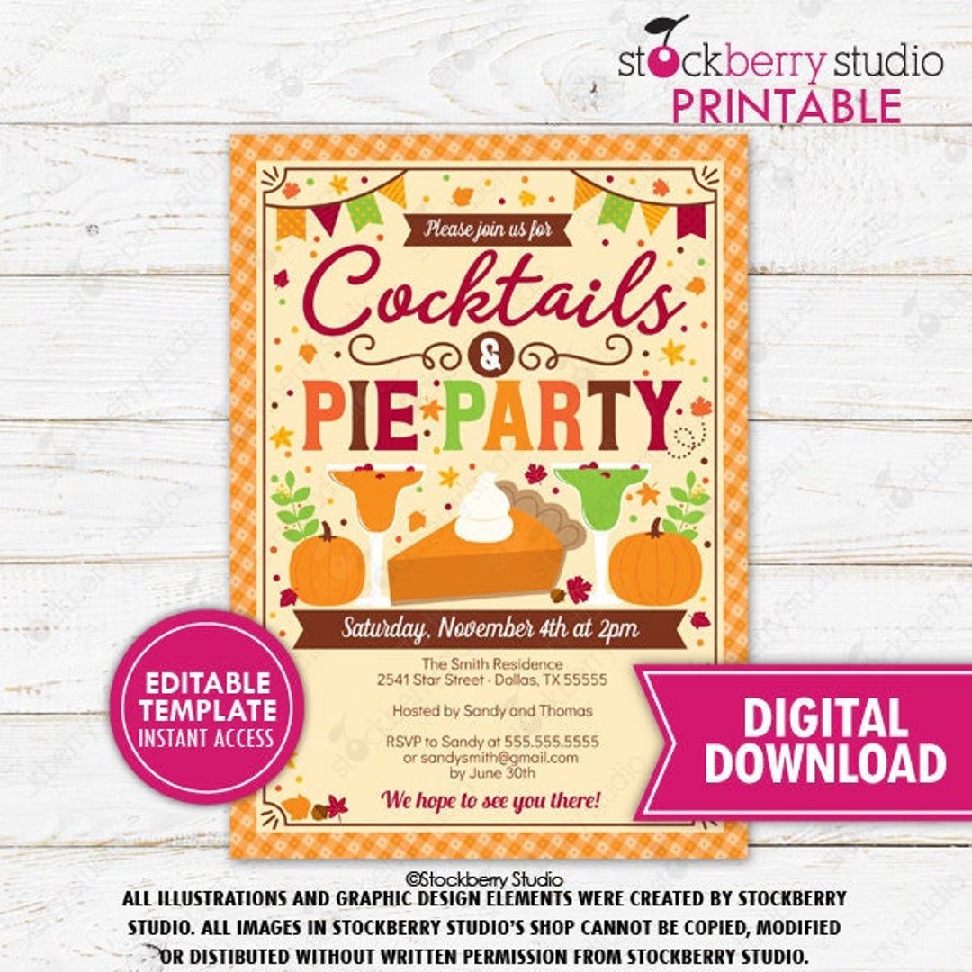 Cocktails and Pie Party Invitation Thanksgiving Fall Pumpkin Customer ...