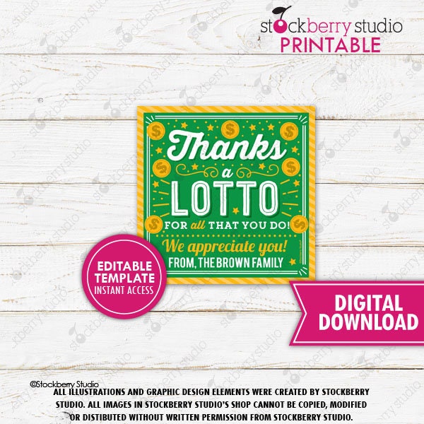 Lottery Gift Tag Thanks A Lotto for All That You Do Lottery Ticket Tag ...