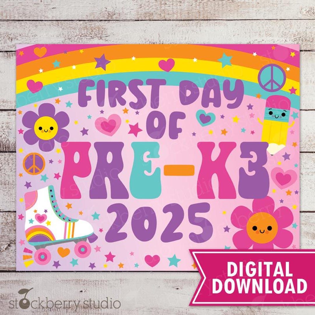 Groovy First Day of Pre-k3 Grade Sign Rainbow Retro Boho Pre K3 Roller ...