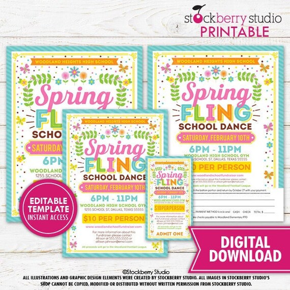 Spring Fling School Dance Flyer Ticket Set Printable PTO PTA School ...