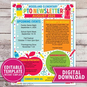 PTO PTA Newsletter Flyer Editable Template School Teacher Communication ...