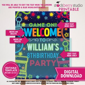 Arcade Game Birthday Party Welcome Sign Printable Neon Glow Arcade ...