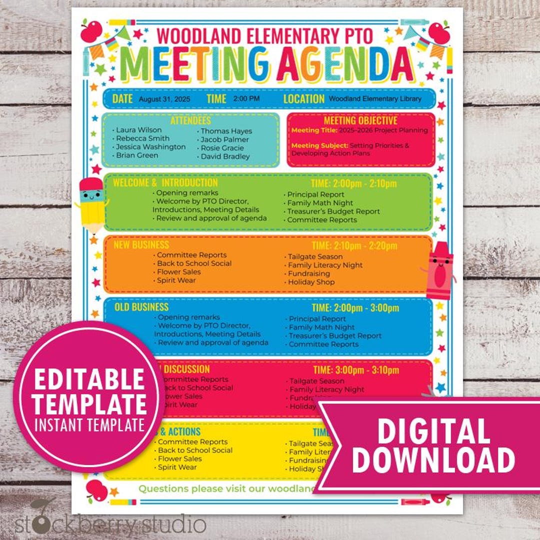 PTO PTA Meeting Agenda Flyer Editable Template School Organization ...