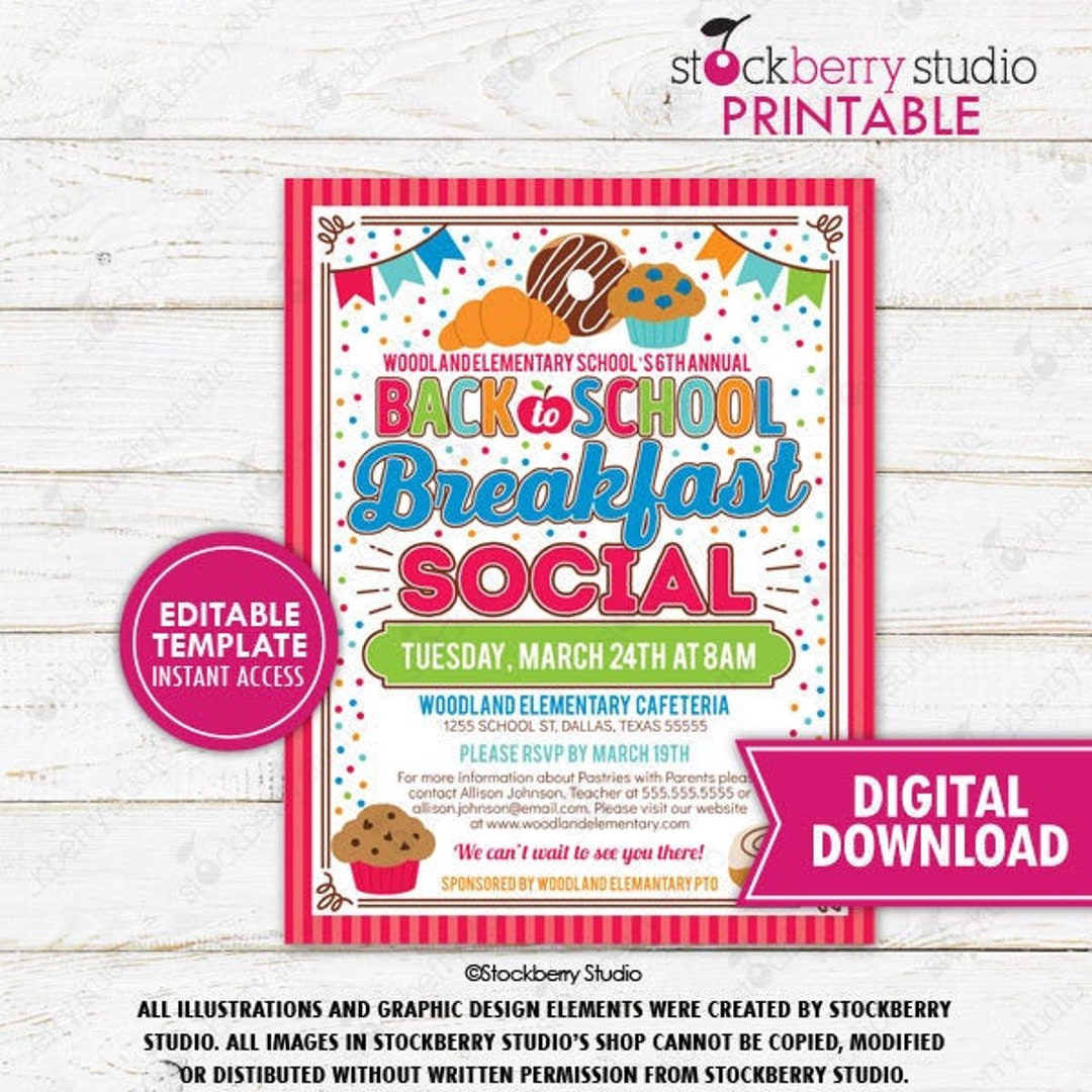 Back to School Breakfast Social Flyer PTO PTA Fundraiser Invite Meet ...