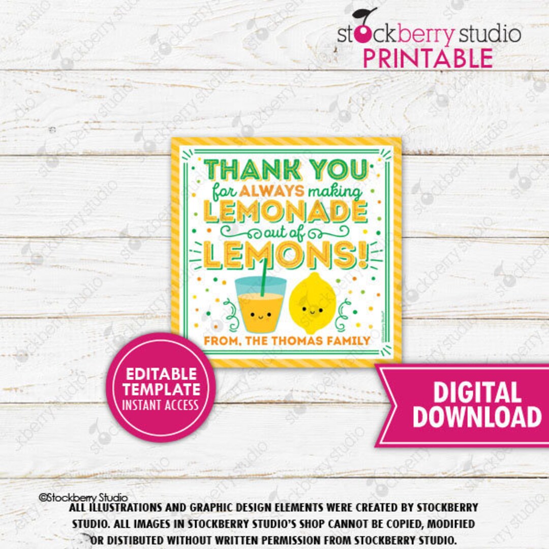 Lemon Gift Tag Printable Lemon Thank You Tag Teacher Appreciation ...