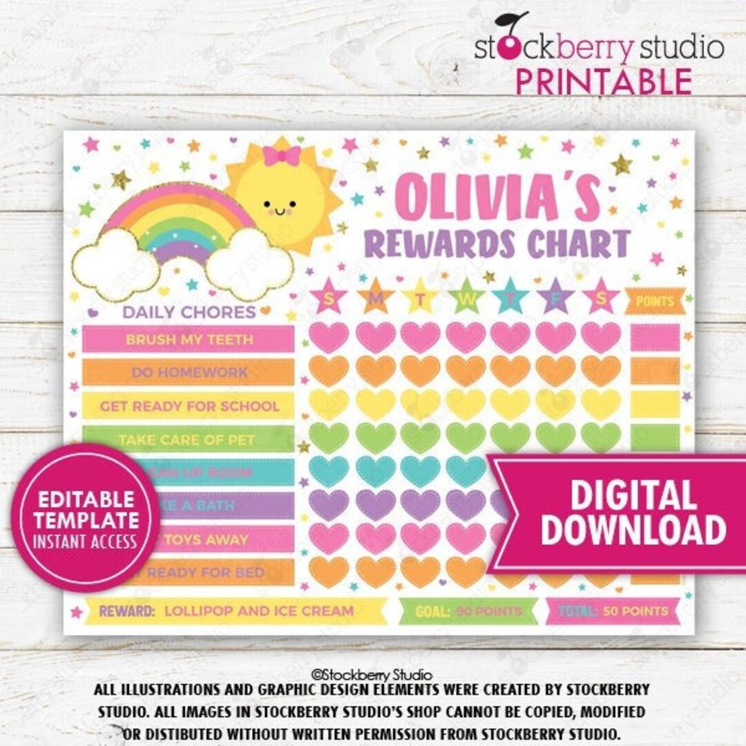 Rainbow Reward Chart Editable Sun Girls Chore Chart Sunshine - Etsy